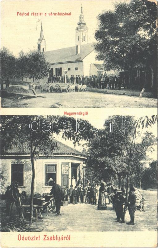 1909 Zsablya, Zabalj; Fő utca, Városháza, Római katolikus templom ...