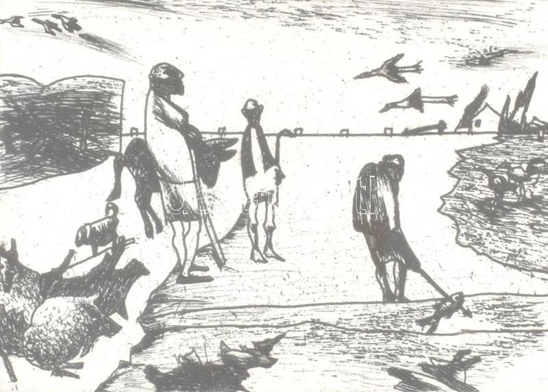 Lóránt János Demeter (1938): Emberek - állatok. Rézkarc, merített ...