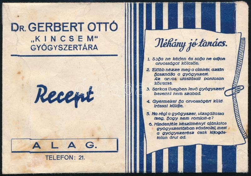 Dr. Gerbert Ottó 'Kincsem' Gyógyszertára Alag receptboríték