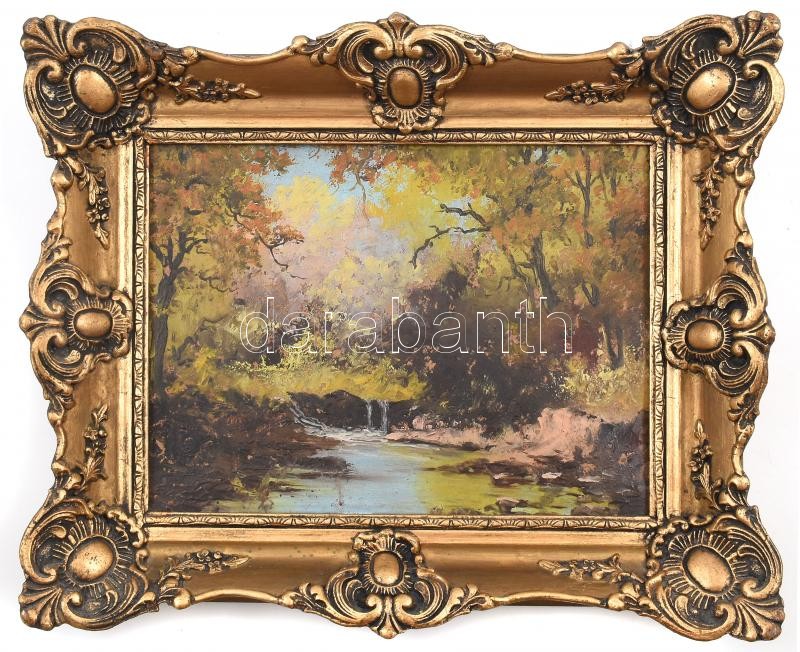 Jelzés nélkül: Vízparti táj. Olaj, karton. Dekoratív fakeretben. 25x32,5 cm Jelzés nélkül: Vízparti táj. Olaj, karton. Dekoratív fakeretben. 25x32,5 cm