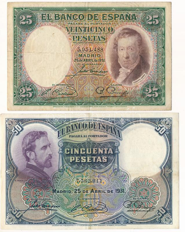 Spanyolország 1931. 25P + 50P T:F Spain 1931. 25 Pesetas + 50 Pesetas ...